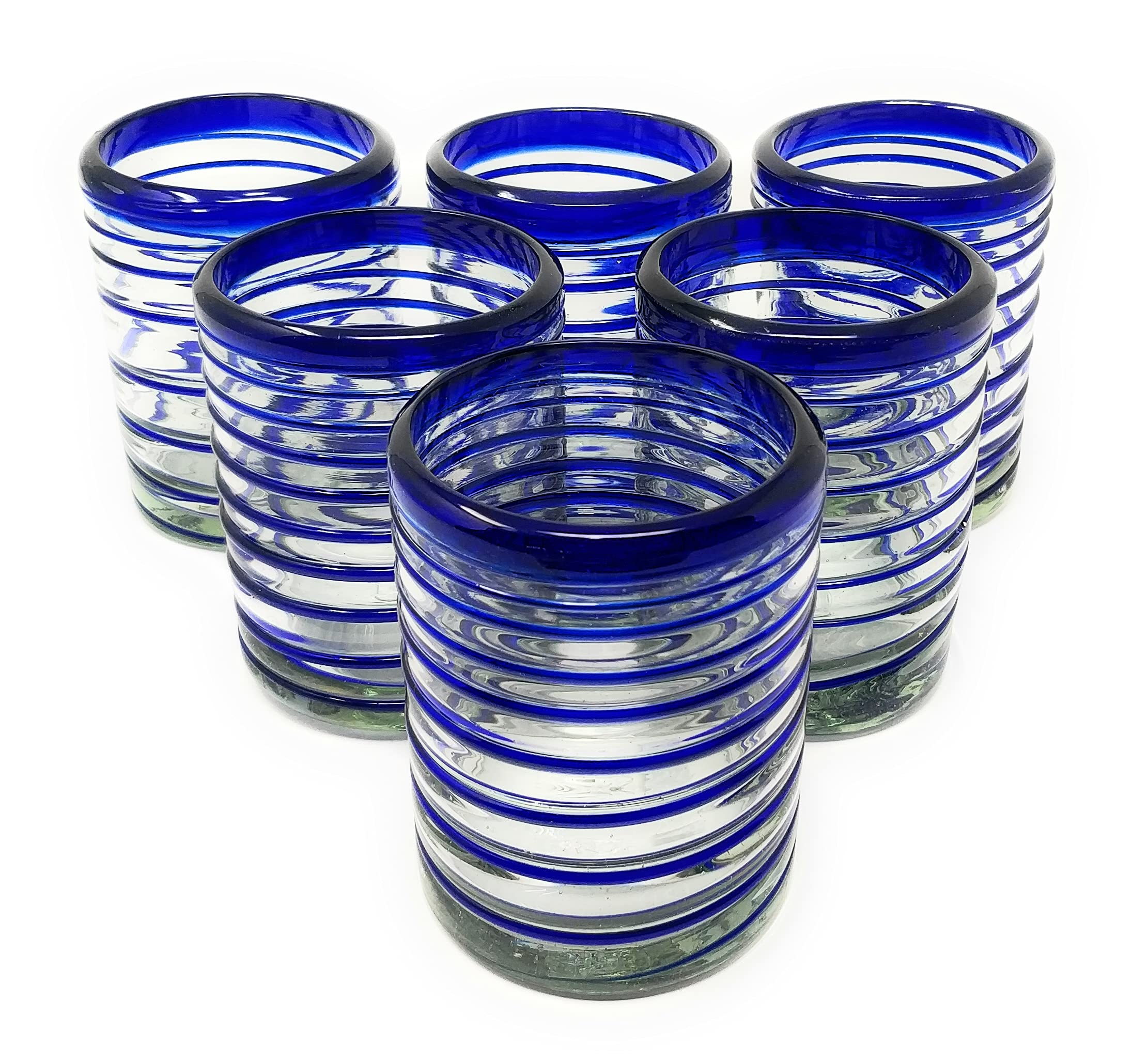 Hand Blown Mexican Drinking Glasses – Set of 6 Tumbler Glasses with Blue Spiral Design (10 oz each) …
