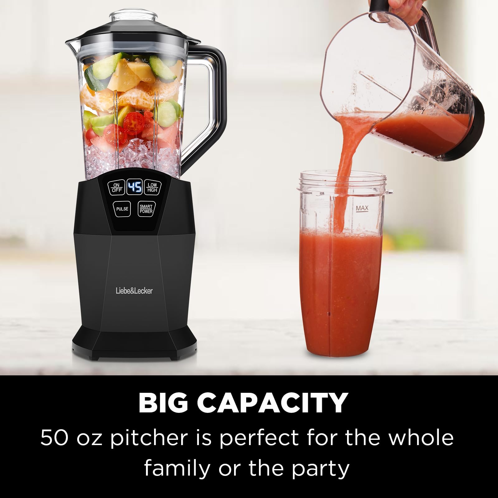 Liebe & Lecker Personal Blender with 1200-Peak-Watts, Smart technology for Frozen Drinks, Shakes, Smoothies & Sauces, Smoothies Blender with 50-oz Pitcher, (2)28-oz To-Go-Cups & Spout Lids, Black