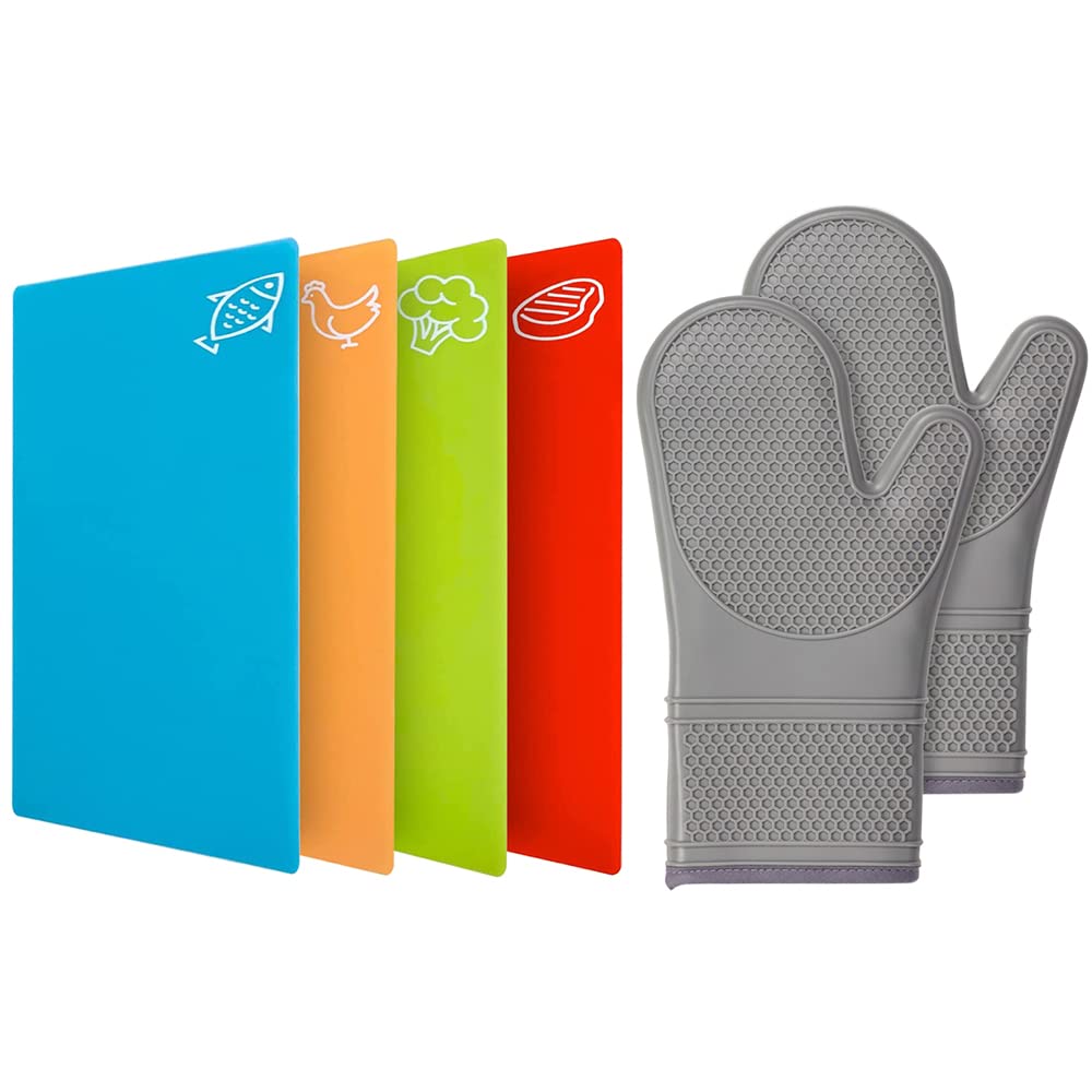 Gorilla Grip Flexible Cutting Boards Set of 4 and Heat and Slip Resistant Silicone Oven Mitts Set of 2, Durable Food Chopping Boards in Multicolor, Waterproof Oven Mitt in Gray Color, 2 Item Bundle