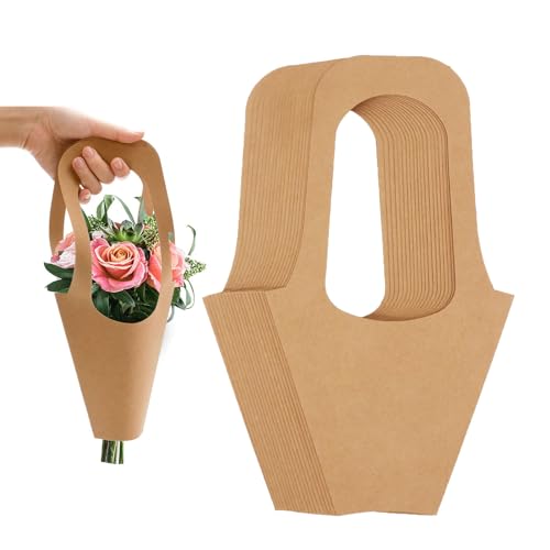 Firbirch 10 Pcs Kraft Paper Bouquet Bags with Handle, Brown Paper Flower Wrapping Gift Bags for Valentine's Day Florist Wedding Party Home Decoration (Small(35 x 19cm))