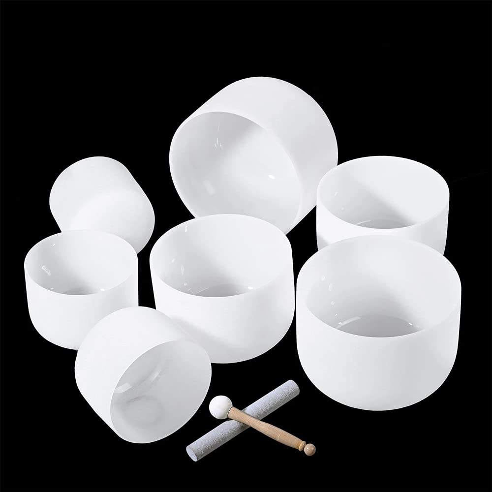N/A 7-12 Inch Note Set of 7PCS Chakra Frosted Quartz Crystal Singing Bowl with Free Carry Bag