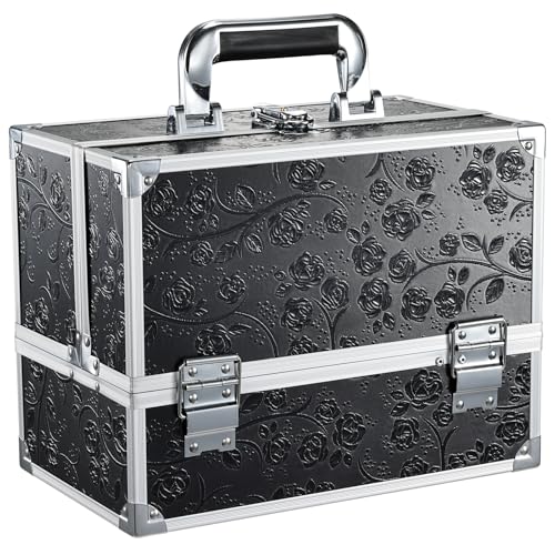 FRENESSA Makeup Train Case, Large Makeup Box Organizer with Brush Holder, Cosmetic Train Case Makeup Organizer for Home Travel, Giltter Gold