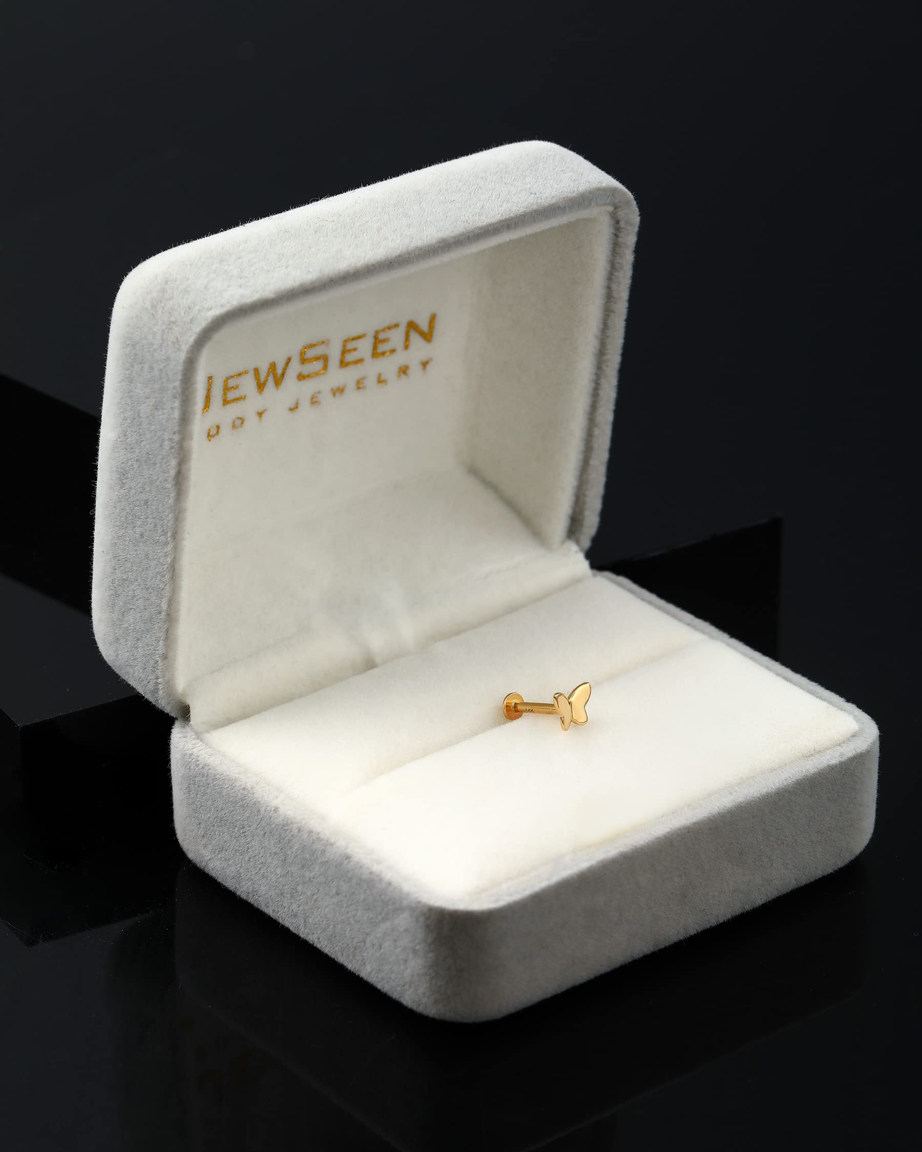 Jewseen 14K Solid Gold 16G Butterfly Top in Threadless Flat Back Studs Cartilage Earring Lip Labret Stud Helix Piercing Jewelry Nose Stud Tragus Earring Stud Earring for Women Men JTH010-T