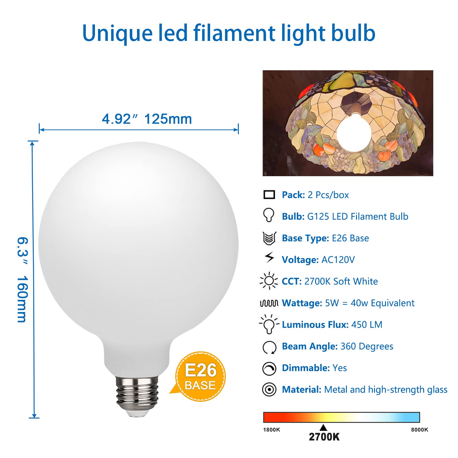 MYEMITTING 2 Pack G40/G125 Globe LED Bulb, Warm White 2700K Dimmable LED Globe Bulb, 5W Equivalent 40W LED Globe Light Bulbs, CRI 90+, Milky Glass, LED Bulb for Bathroom Vanity Mirror, E26 Base