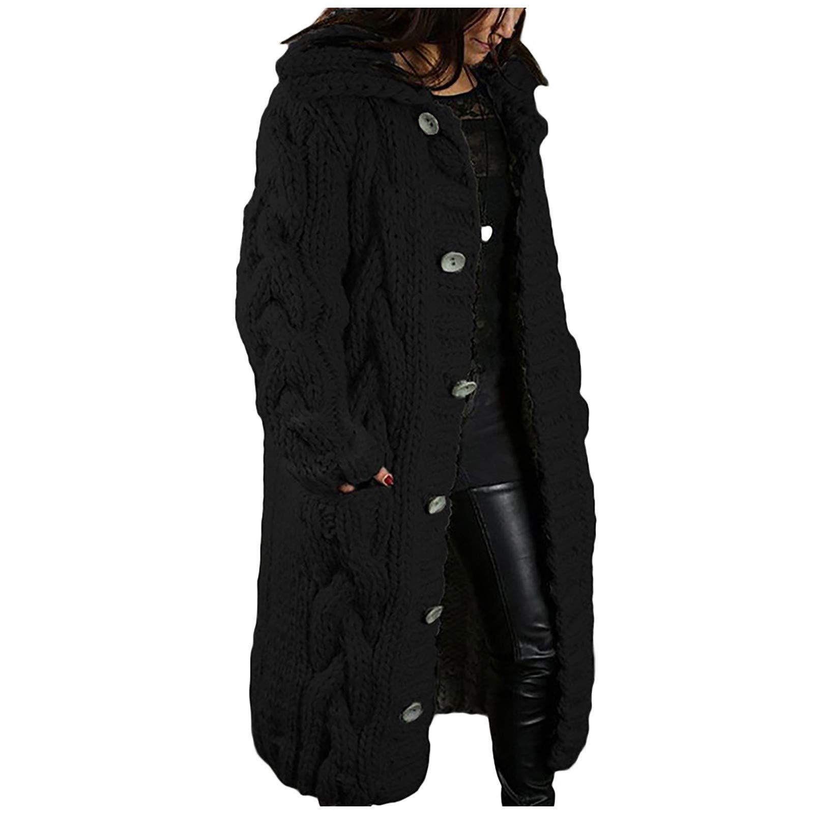 FAVIPT Womens Long Chunky Cardigan Sweaters Lightweight Knit Hooded Cardigan Plus Size Long Sleeve Open Front Sweater Coat, A02*black, 4X-Large