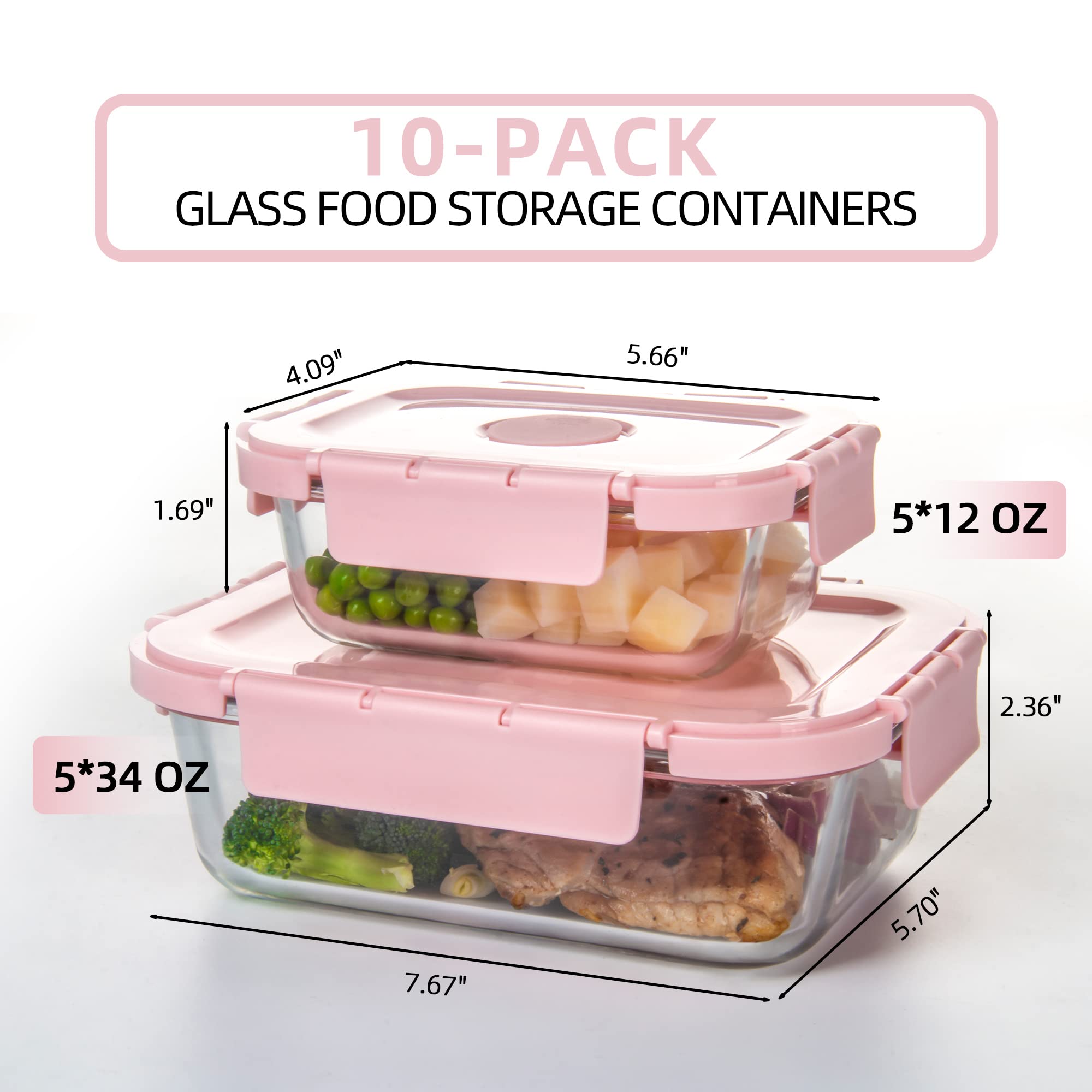 HAKEEMI Glass Meal Prep Containers 10 Pack, Glass Food Storage Containers with Snap Locking Lids Airtight Built in Air Vents, Glass Containers for Lunch, Microwave/Dishwasher Safe, Pink