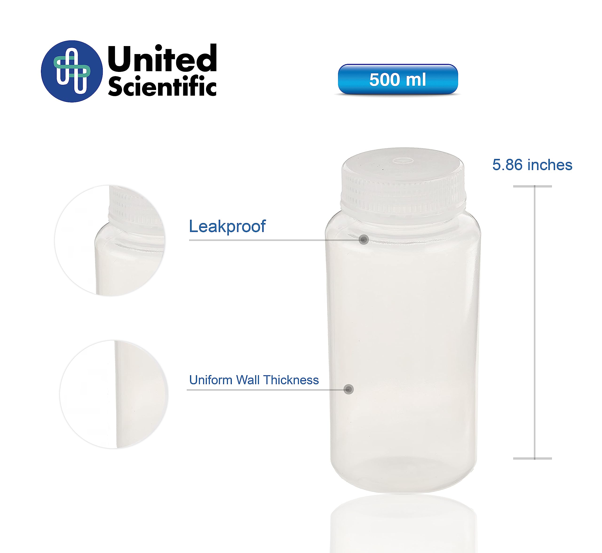 United Scientific® Unistore™ 33309 - Sample Containers with Lids - Laboratory Grade Polypropylene Wide Mouth Reagent Bottle - 16 Oz Bottles (500ml) Multi-Purpose Plastic Bottles with Lids, Pack of 12