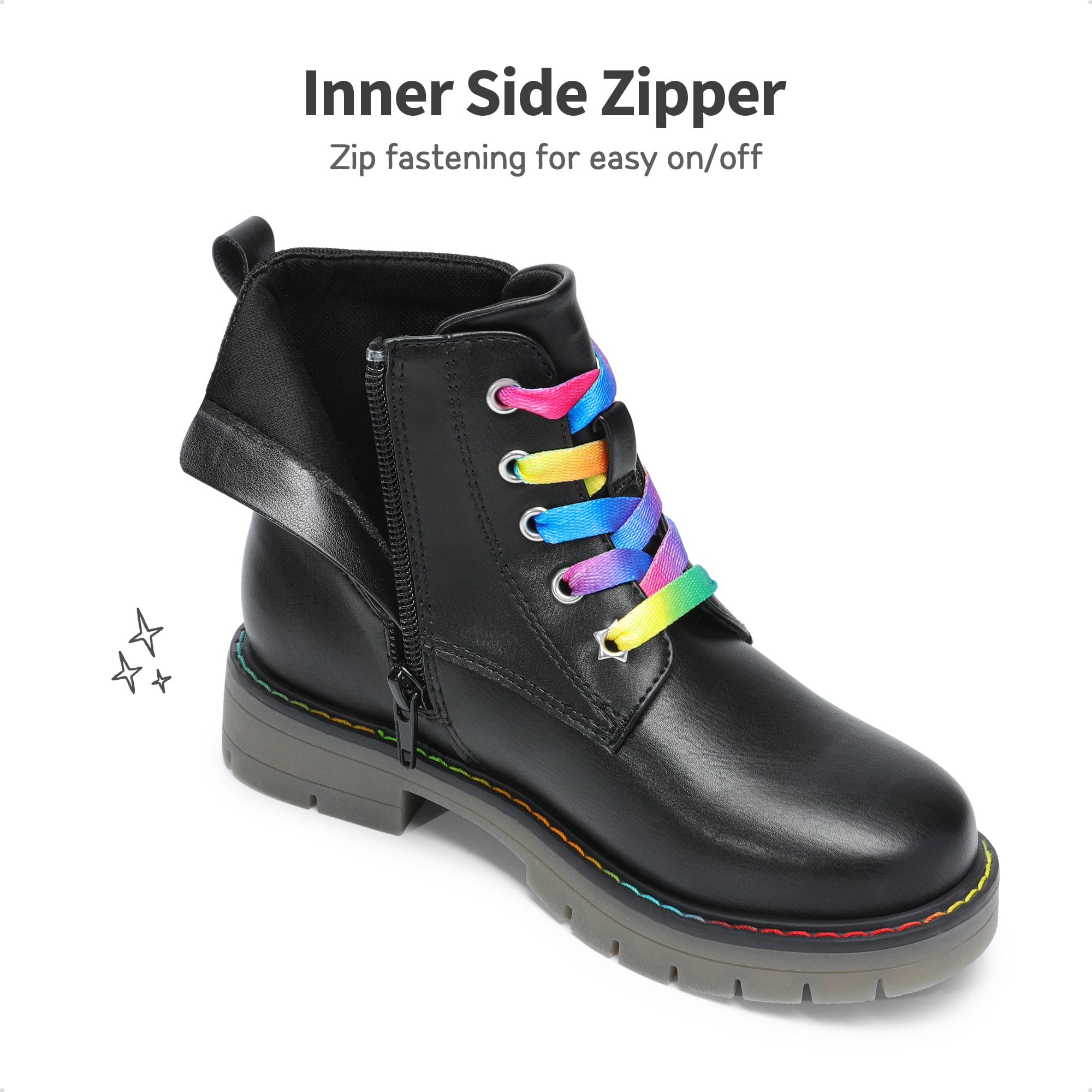 DREAM PAIRS Girls Boys Ankle Boots Side Zipper Combat Shoes with Interchangeable Lace Up SDBO2220K-1 Size 2 BLACK