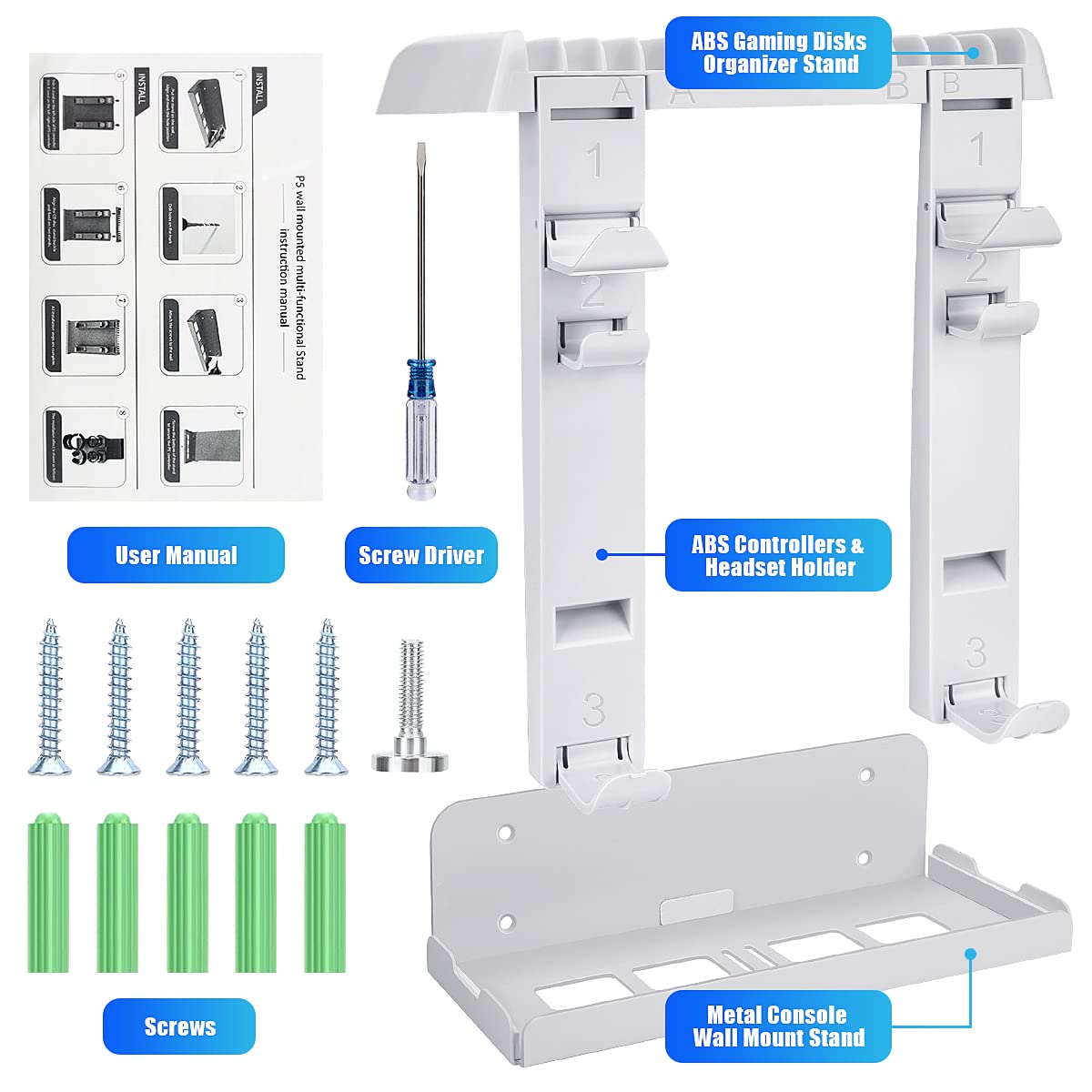 Jhua PS5 Wall Mount for Playstation 5 Wall Mount Sturdy Steel Wall Shelf for Playstation 5 Disc and Digital Edition 8-in-1 PS5 Wall Bracket Controller Holder Headphone Hanger Game Discs Storage Stand