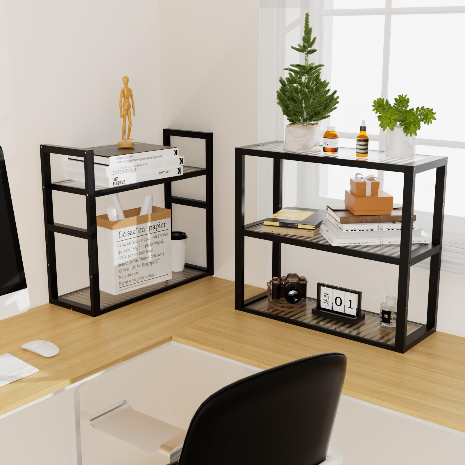 ohbambol Bathroom Organizer Shelves - 3 Adjustable Layer Acrylic Partitions Toilet Storage Shelf with Towel Pole(Black,2Pcs)