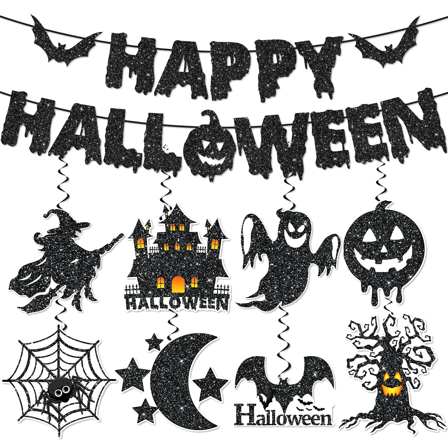 Halloween Office Decor, with 1psc No Diy Happy Halloween Banner and 8pcs Halloween Hanging Decorations Swirl, Halloween Decorations for Office, Happy Halloween Decorations
