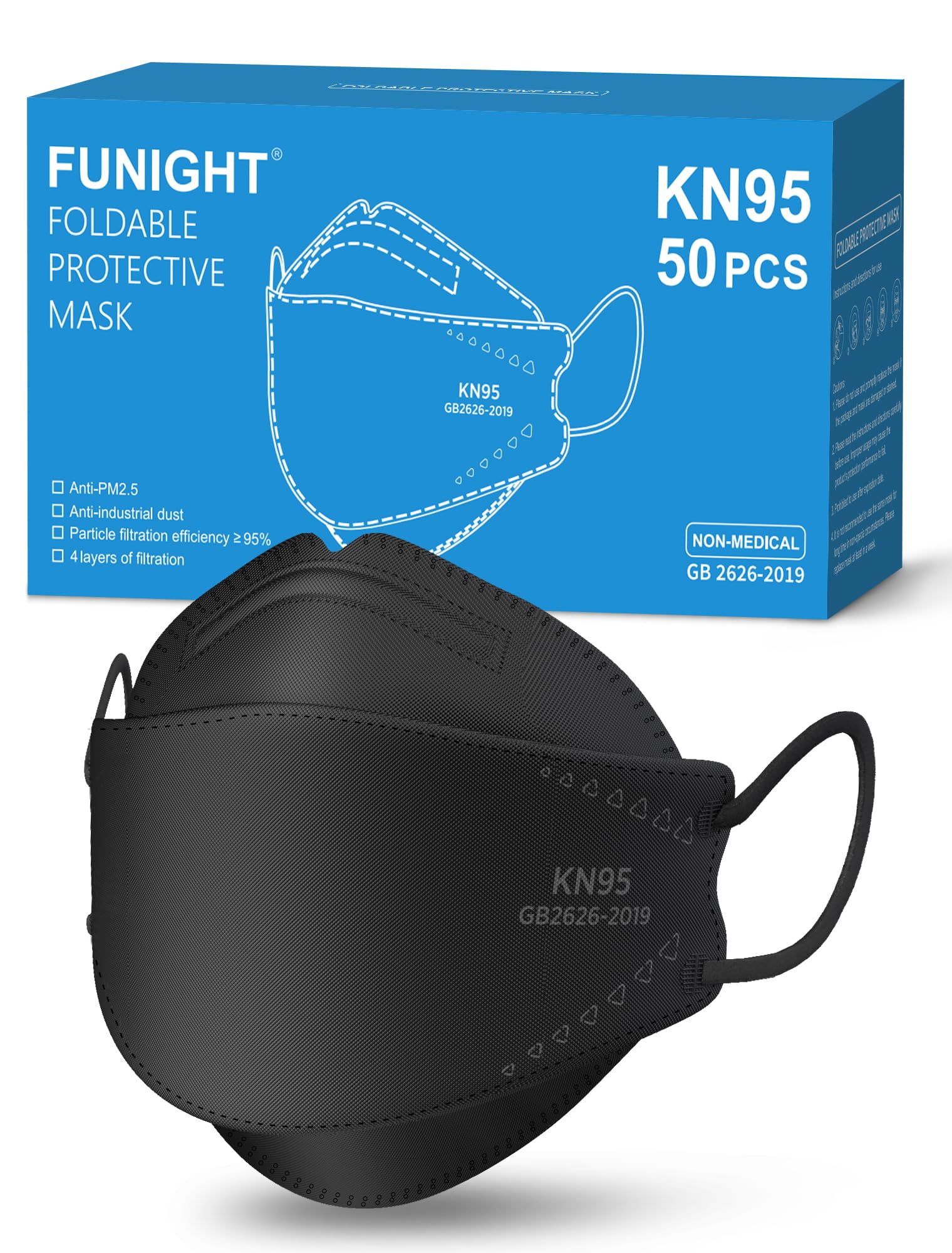Funight KN95 Face Masks Black Mask 25 Pack, 5 Layers kn95 Offer 95% Filter Efficiency, Breathable Face Mask With Elastic Ear Loops