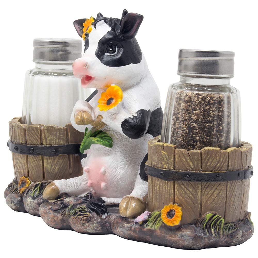 Decorative Holstein Cow Salt and Pepper Shaker Set with Old Fashioned Water Pails Holder Figurine in Farm Animal Decorations As Spice Racks and Rustic Country Kitchen Décor Or Gifts for Farmers
