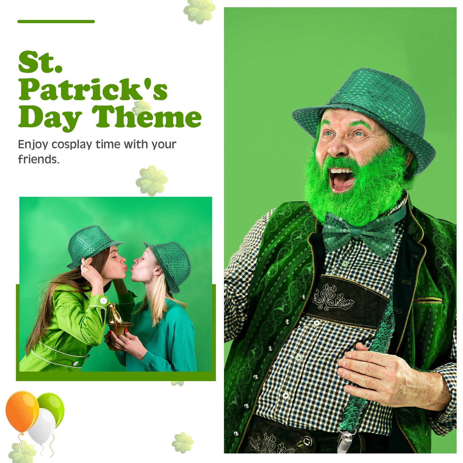 Jeyiour 3 Pcs St Patrick's Day Sequin Hat, Suspender and Bow Tie St Patrick's Day Costume Set Irish Party Fancy Cap Y Shape Adjustable Green Suspenders Bow Tie for Men Women