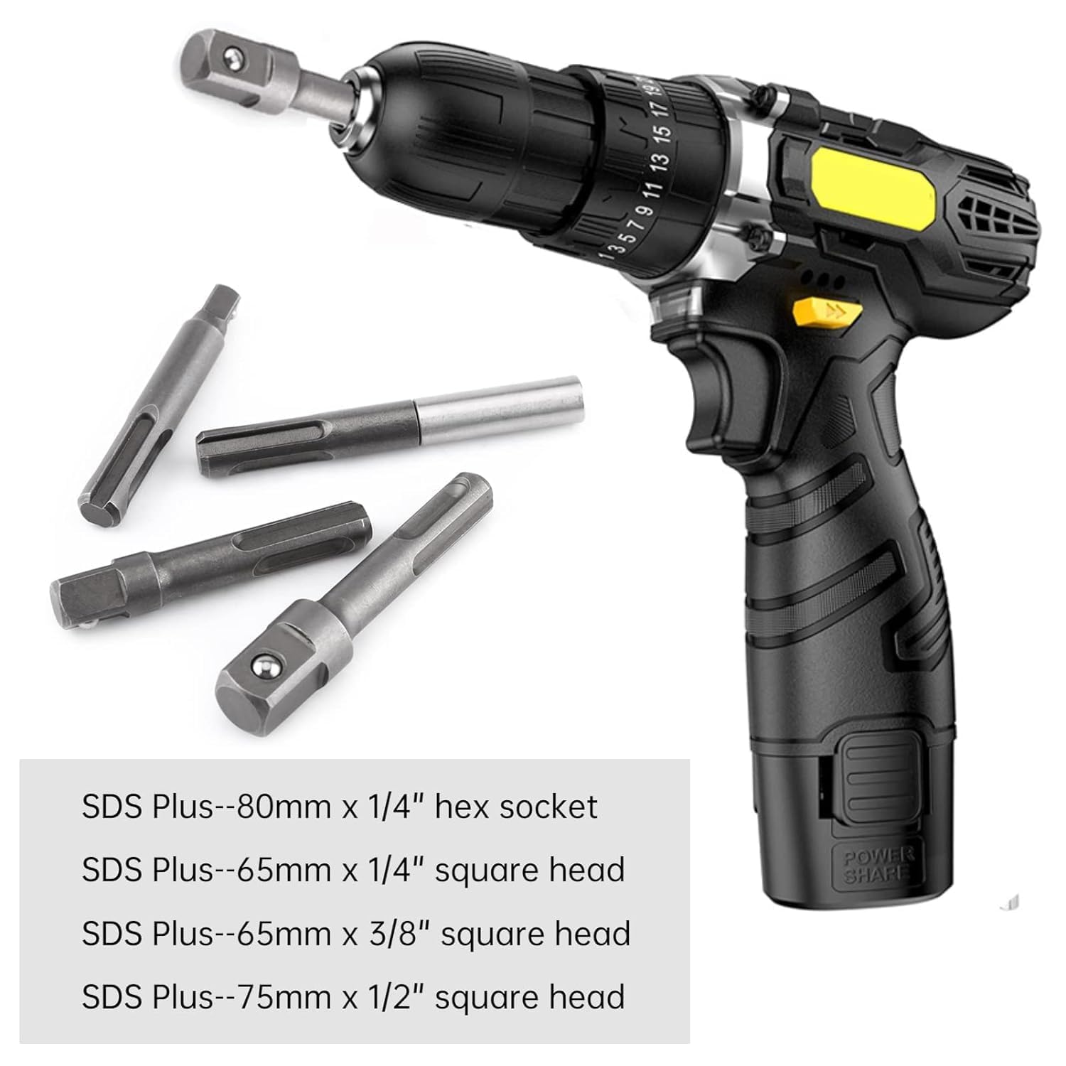 SDS Plus Bits Adapter 1/4" Hex Socket Adaptor to 1/4" 3/8" 1/2" Impact Socket Adapter Set for Screws/Nuts/Any Drill and Handheld Driver 4 PCS