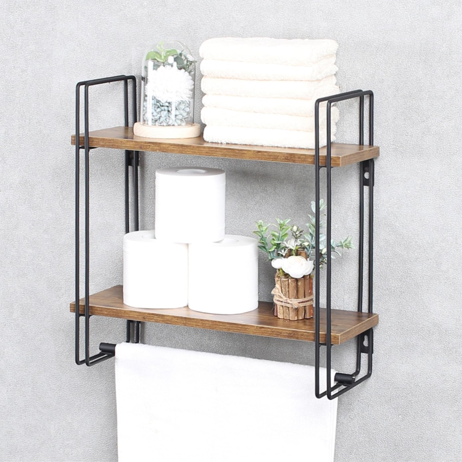 OISSIO Industrial Bathroom Shelves Wall Mounted,Rustic 2-Layer Bathroom Shelf with Towel Bar,Floating Shelves,Black