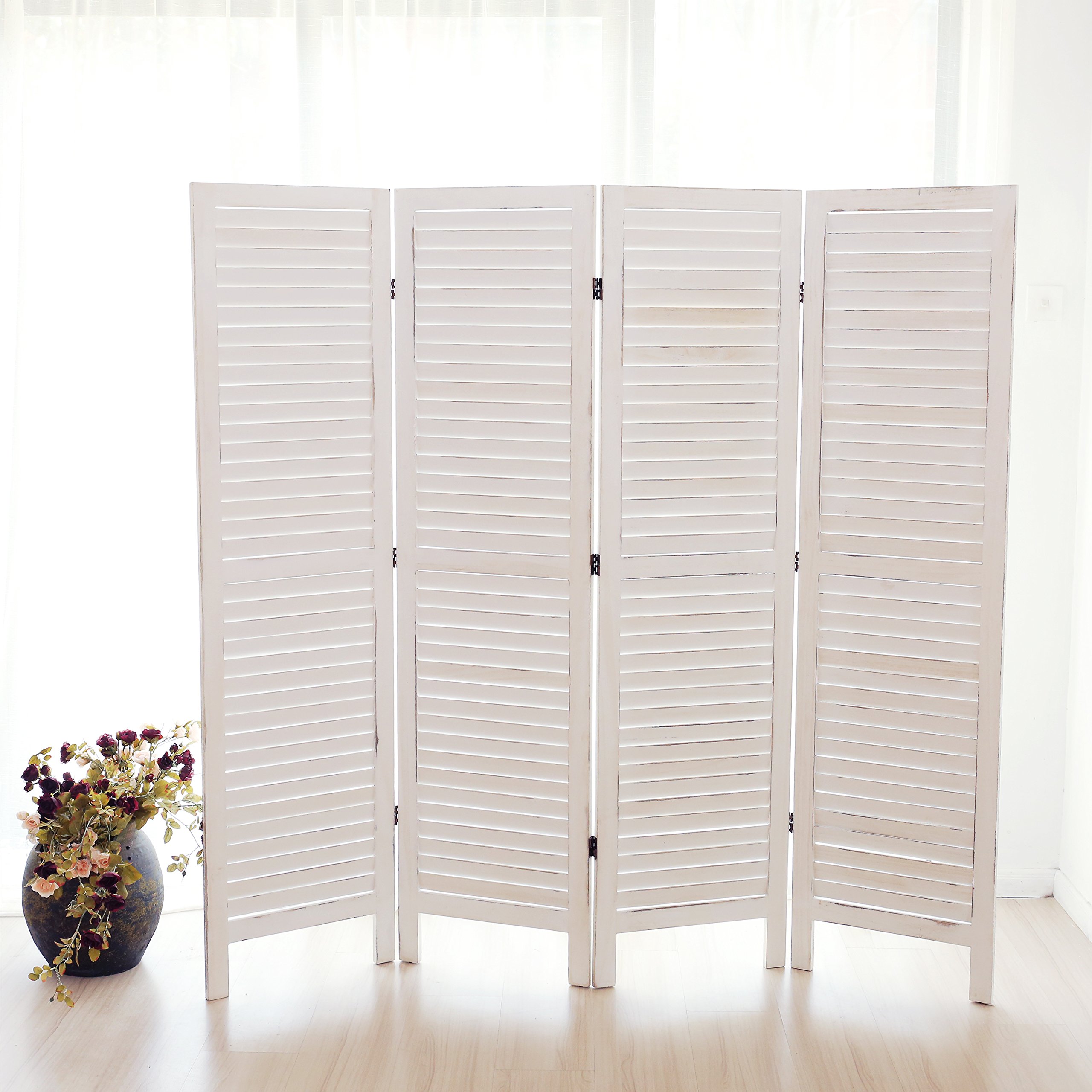 MyGift Whitewashed Wood 4 Panel Room Divider Wall Partition Screen, Folding Louvered Design