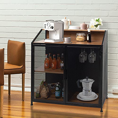 NSdirect Metal Coffee Bar Storage Cabinet, Industrial Bar Cabinet with Metal Mesh Doors, Coffee Bar Sideboard for Wines and Liquors, 33 Inch, with Wine Rack