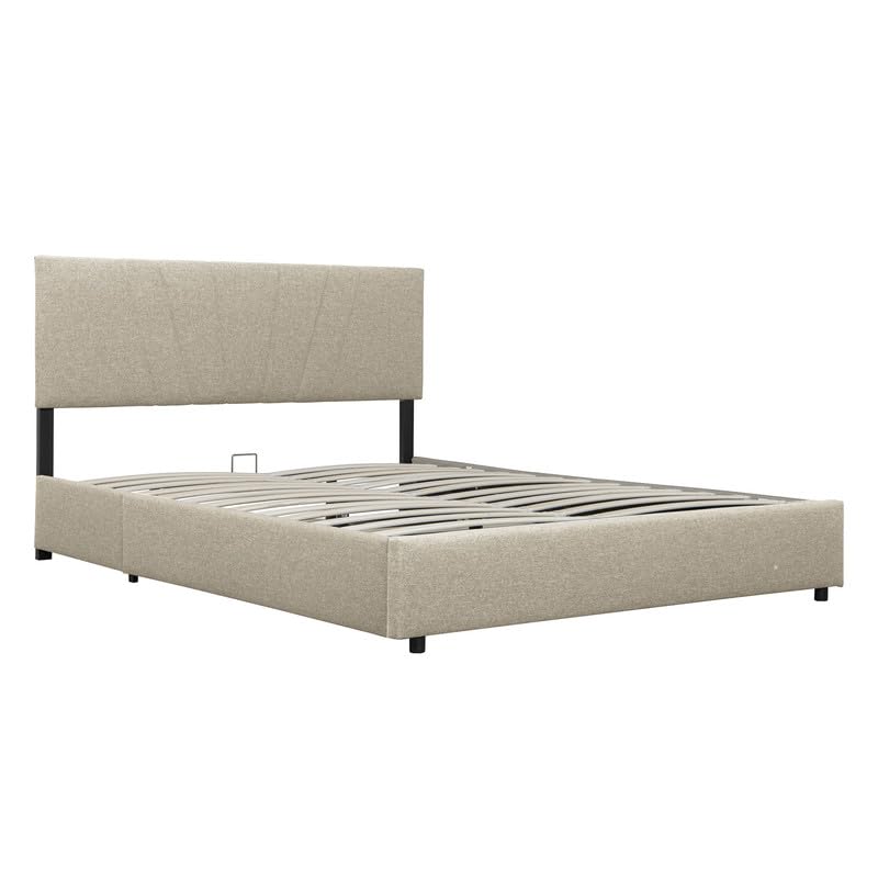 FDSPDO Lift Up Storage Bed Queen Upholstered Bed with Tufted Headboard and Storage Underneath, Wooden Platform Bed Frame for Kids Teens Adults (Queen Size, Beige)