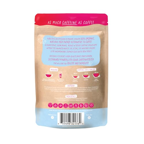 Kubo Tea, Organic High Energy Ice Tea, High Caffeine Blend, 20 Servings (155mg Caffeine each), Pillow Tea Bags, Kraft Packaging, Healthy Coffee Substitute (Raspberry)
