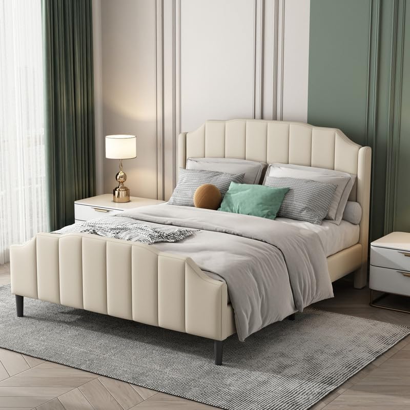 FDSPDO Queen Size Upholstered Platform Bed with Headboard and Footboard,No Box Spring Needed, Velvet Fabric,Beige