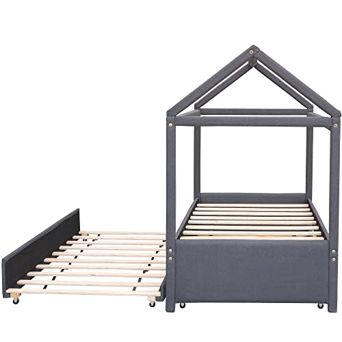 Lostcat Twin Size Upholstered House Platform Bed with Trundle,Twin Bunk Bed with Roof Design for Kids, Teens, Girls, Boys,No Box Spring Required,Grey