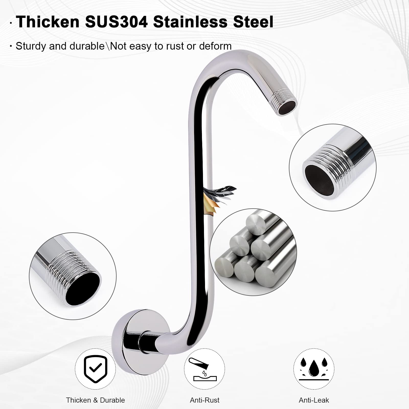 HarJue S Shaped Shower Arm, High Rise Shower Head Extension Pipe Standard 1/2" Connection with Flange, Awesome Shower Experience-Stainless Steel Bathroom Accessory(10 Inch S Shape, Chrome Finish)