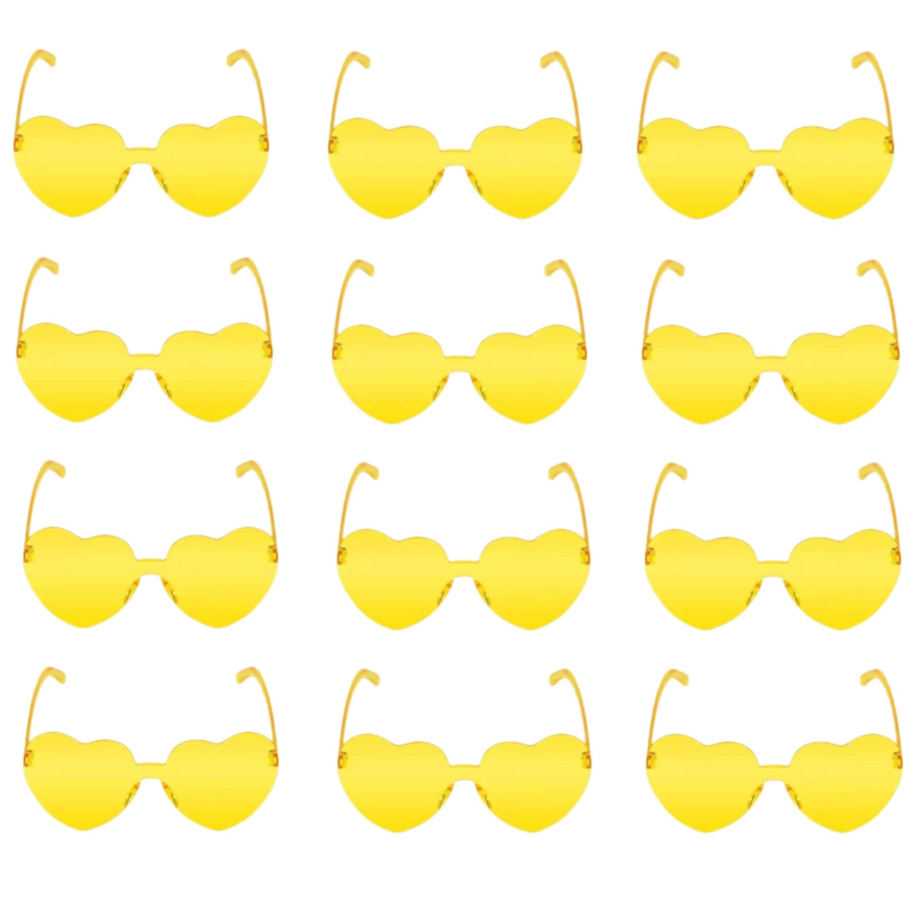 JFTOWN 12 Pairs Heart Shape Rimless Valentines Sunglasses Candy Color Frameless One Piece Love Glasses for Women Party Favor (Yellow)
