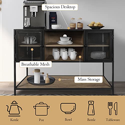 LTMEUTY Sideboard Buffet - Industrial Storage Cabinet, Coffee Bar Cabinet with Mesh Doors, Console Table Coffee Station, for Home, Living Room, Dining Room, Kitchen, Light Brown
