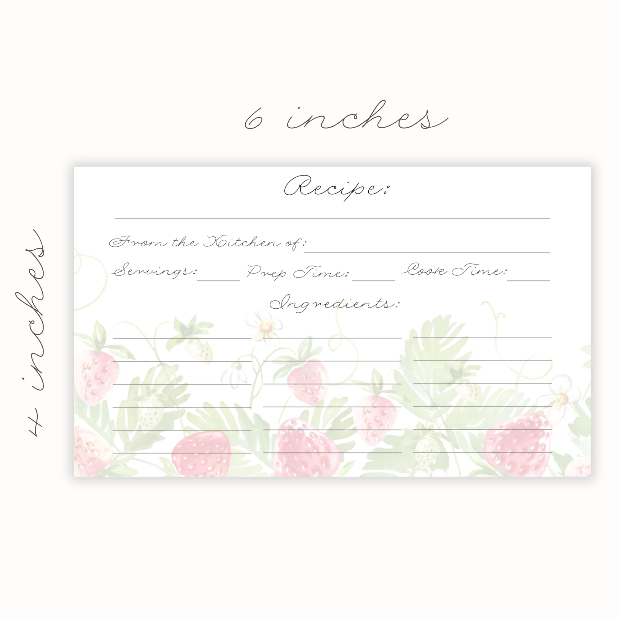 Recipe Cards, 4x6 inches, 25 Pack, 18 Ingredient Lines, Strawberry Daydreams Design