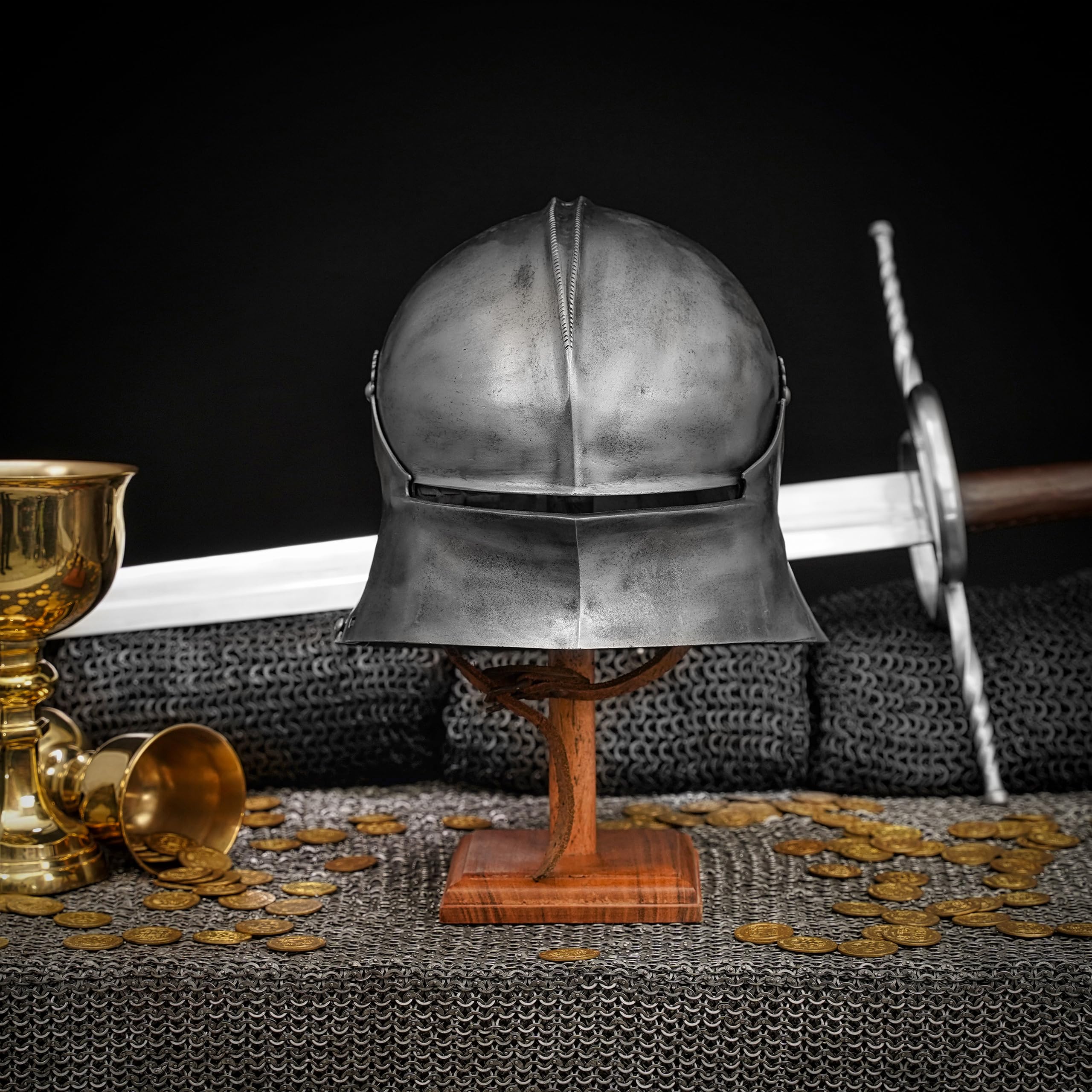 Mythorjan Wooden Helmet Stand Display Decor Stand For – Spartan, Templar, Motorcycle, Caps, Hat Decorative Desktop Hanger Rack LARP Helmet Stand,16 Inch - Black
