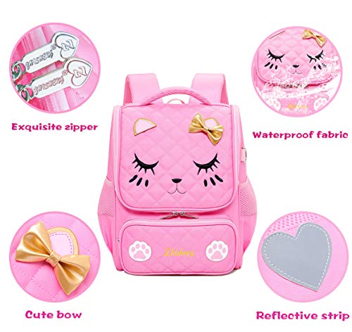 Proboths Cute Cat Face Girl's Bowknot School Backpack Kid's Bookbag Gift for Elementary Primary Student Pink