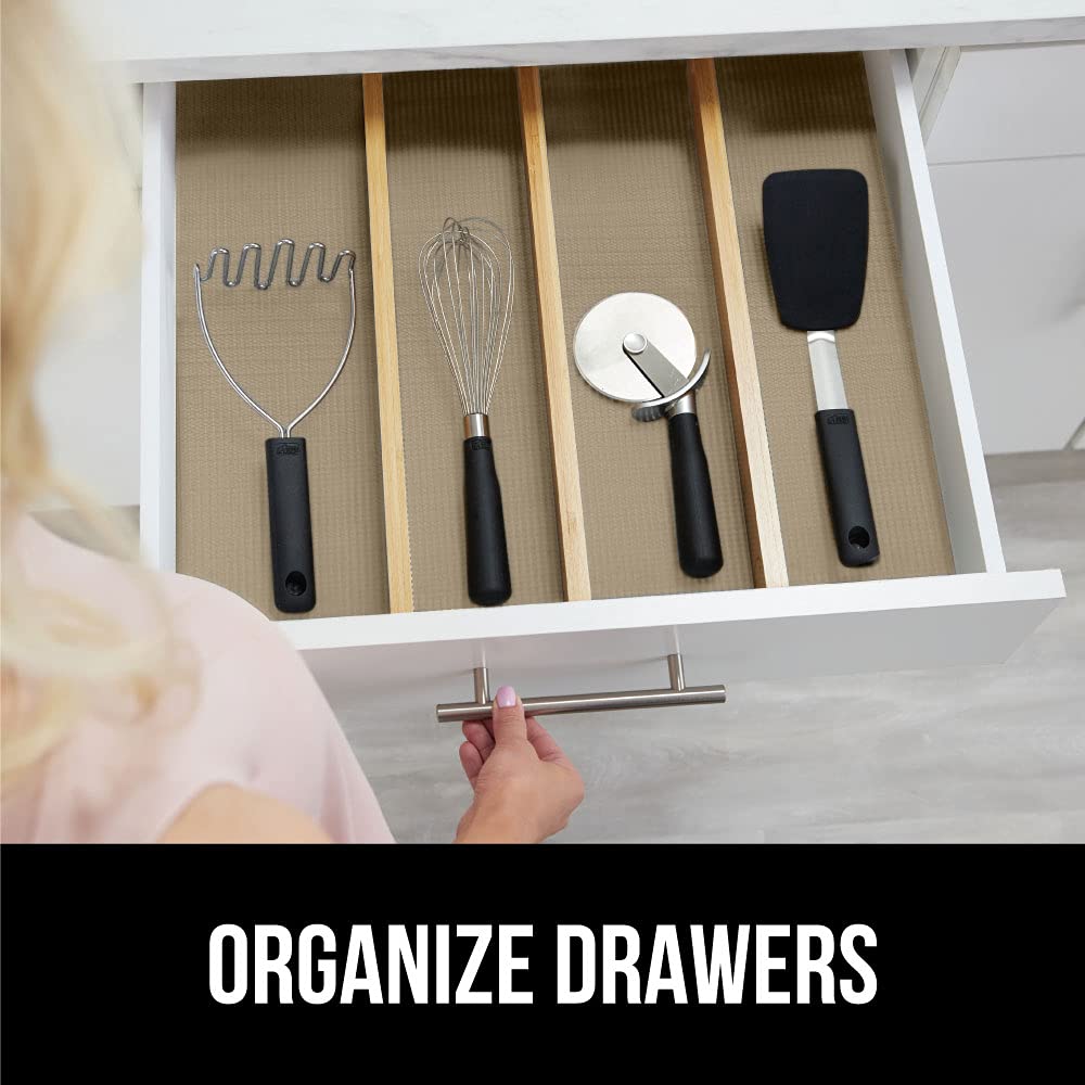 Gorilla Grip Drawer Liner and Smooth Drawer Liner, Shelf Liner Size 17.5x10, Bathroom Storage Shelves, Smooth Liner Size 17.5x20, Non Adhesive, Both in Beige, 2 Item Bundle