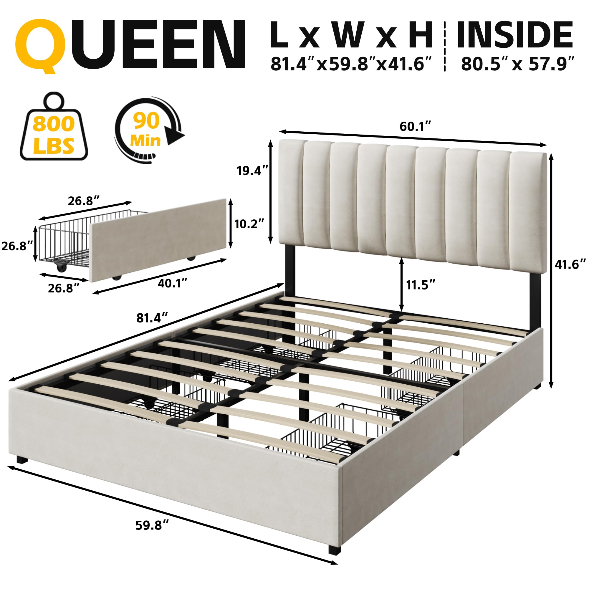 Lifezone Queen Bed Frame, Queen Bed Frame with Headboard & 4 Storage Drawers, Velvet Upholstered Headboard, No Box Spring Needed/Easy Assembly, Beige