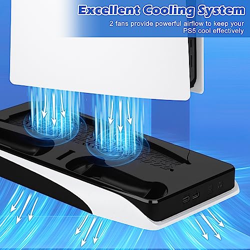 PS5 Cooling Station with RGB LED for Playstation 5 Console, Grathia Dual Fast PS5 Controller Charging Station with Cooling Fan, PS5 Controller Charging Doking Station with 12 Games & Headset Holder