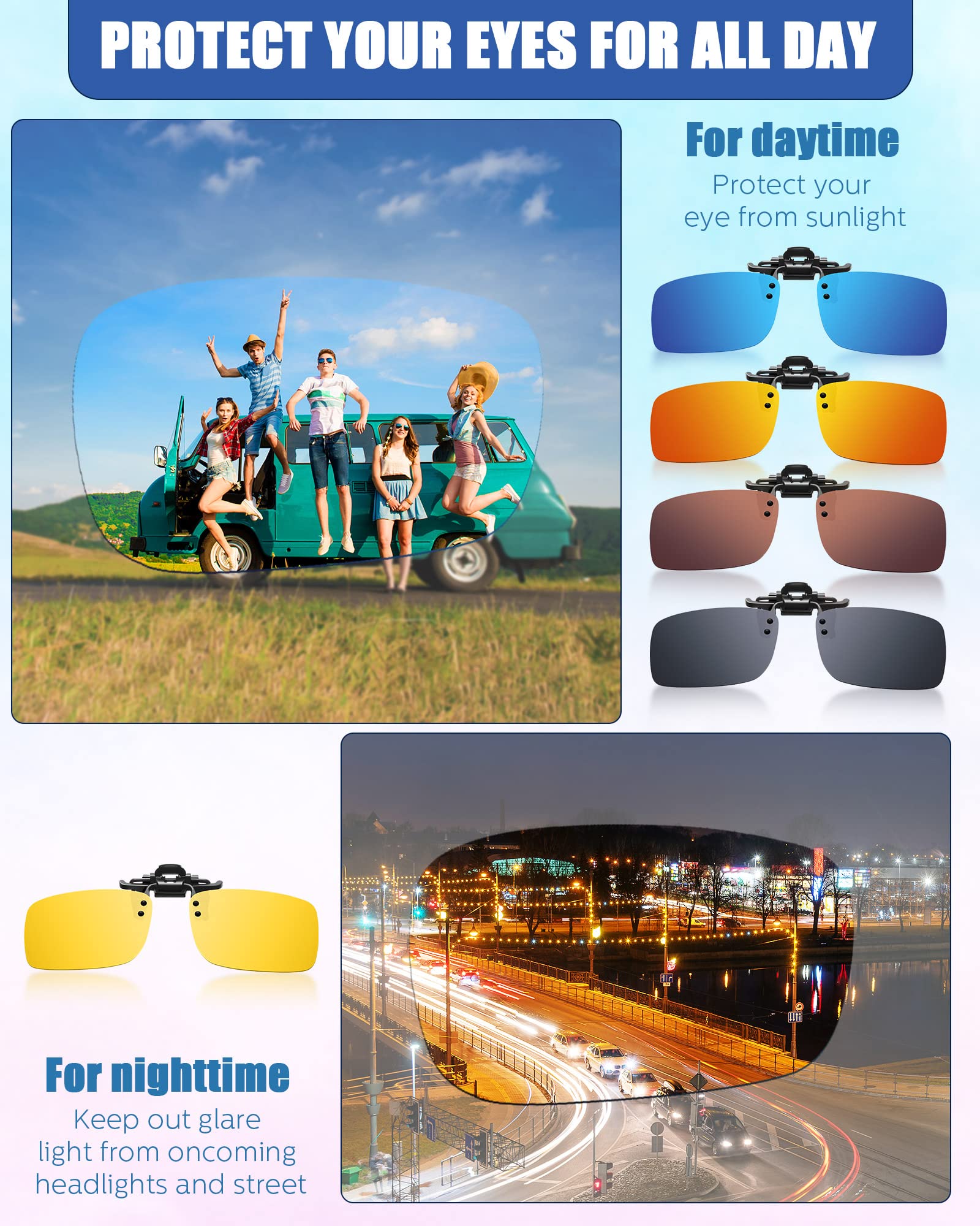 Frienda 5 Pairs Polarized Clip On Sunglasses Rimless Flip Up Anti Glare Driving Glasses (Various Color,2.24 x 1.42 Inch)