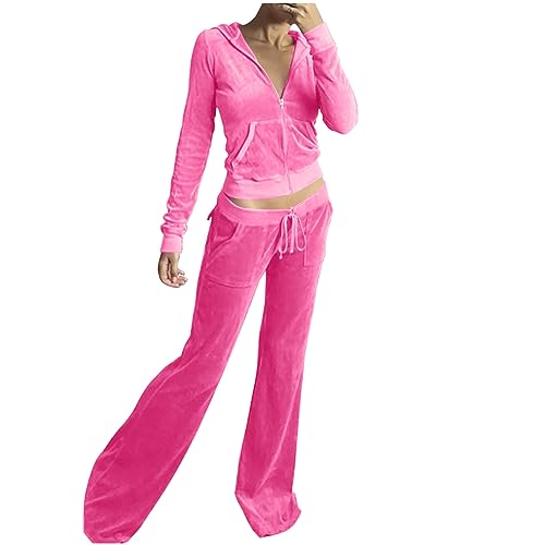 plus size 2 piece outfits for women Lounge Sets for Women Zip Up Casual 2 Piece Pant Sets Long Sleeve Hooded Sweatshirts Comfy Velvet Fashion Outfits Pink XL