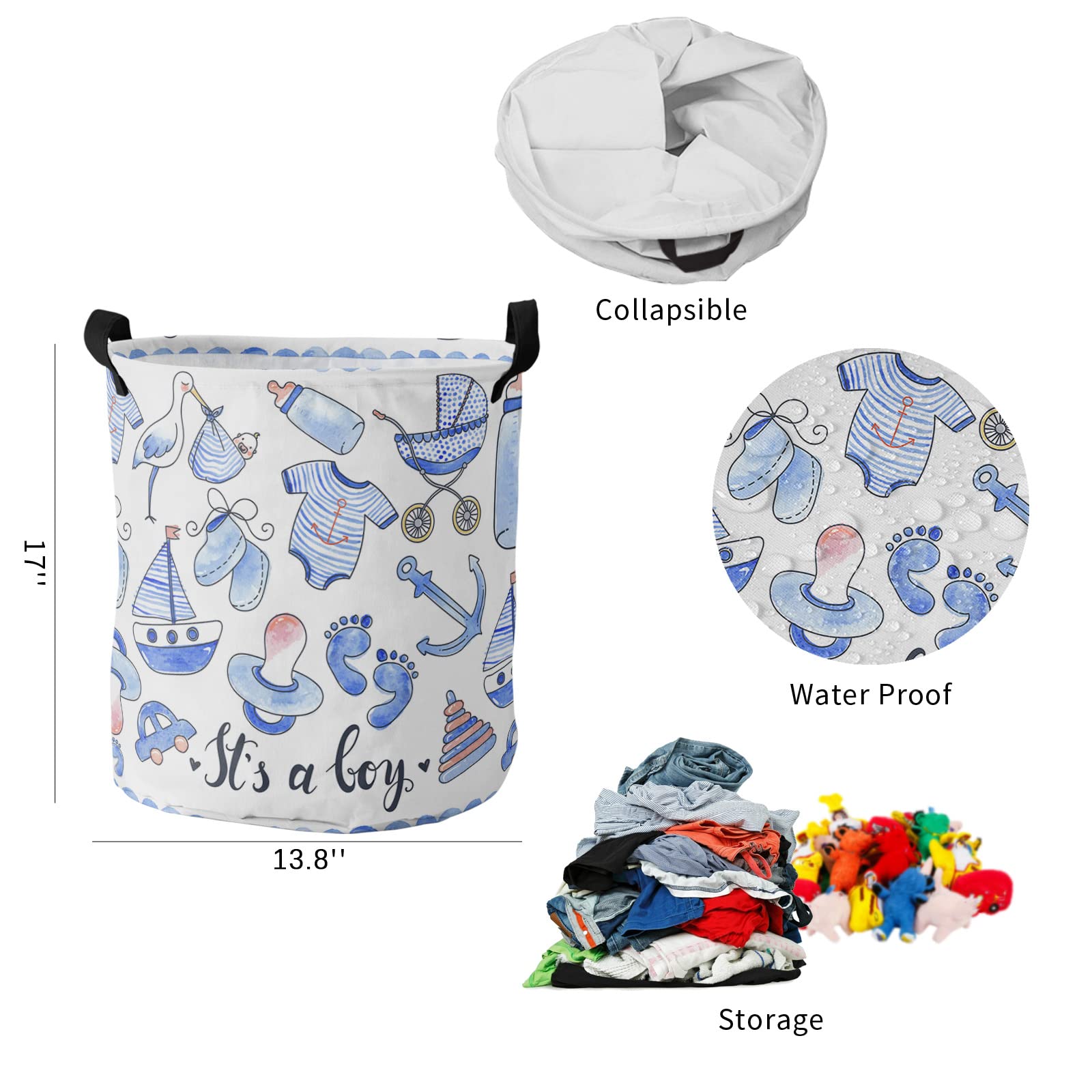 Laundry Basket Blue Stork with Baby Gift Hampers for Laundry Room/Dorm/Nursery Collapsible Clothes Hamper with Handle Waterproof Storage Baskets for Bedroom/Bathroom 13.8x17in