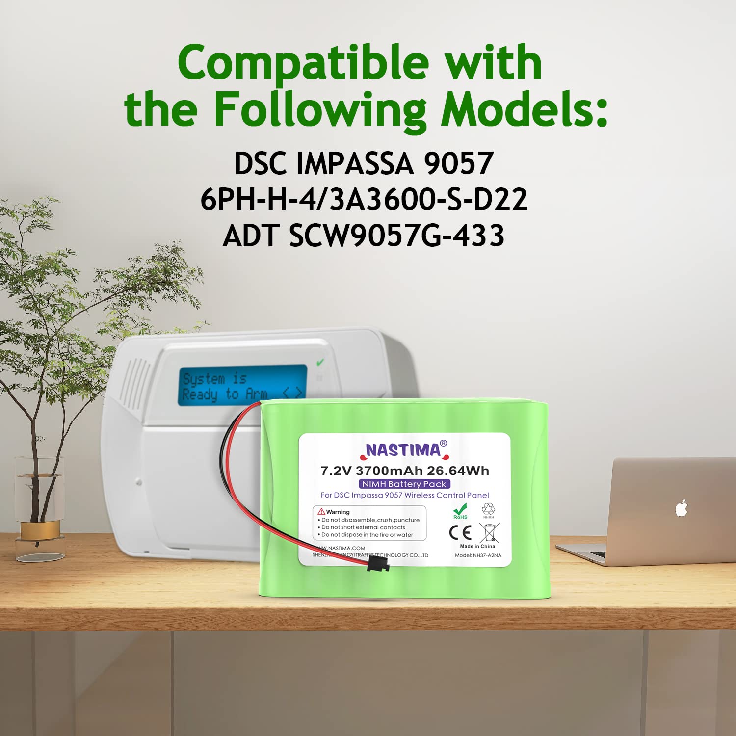 NASTIMA 7.2V 3700mAh Replacement Battery for DSC IMPASSAS 9057, 6PH-H-4/3A3600-S-D22, 7.2V Rechargeable Ni-MH Battery Pack for ADT Control Panel