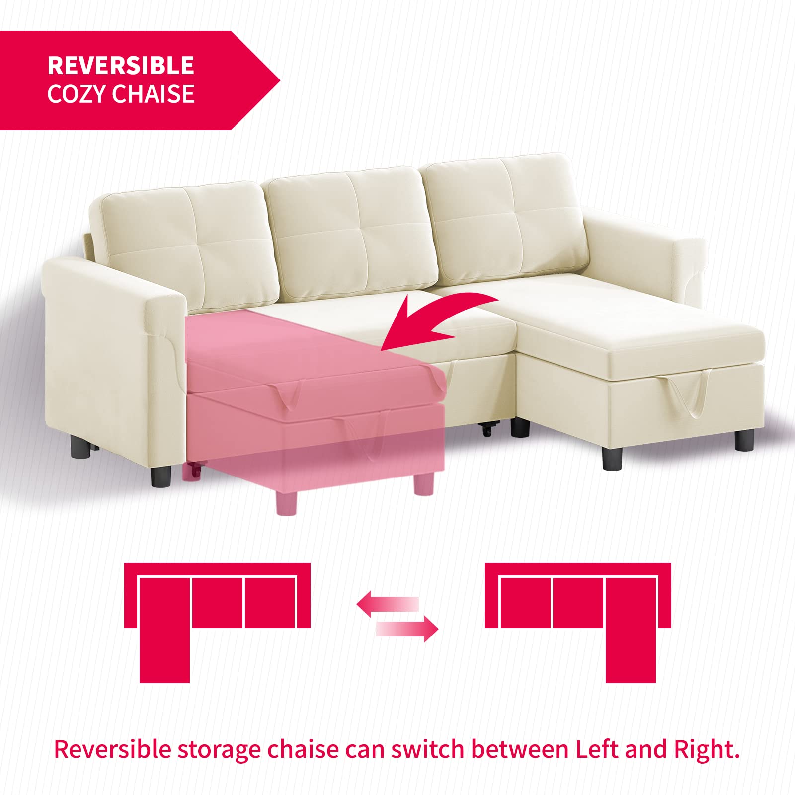 MUZZ Pull Out Sofa Bed with Storage, Reversible Sleeper Sofa,Sectional Sofa, L Shaped Chaise Sofa, Convertible Couches for Living Room,Beige