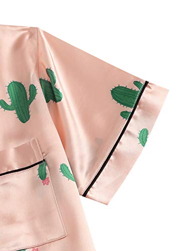 SweatyRocks Women's Short Sleeve Sleepwear Button Down Satin 2 Piece Pajama Set Pink Small