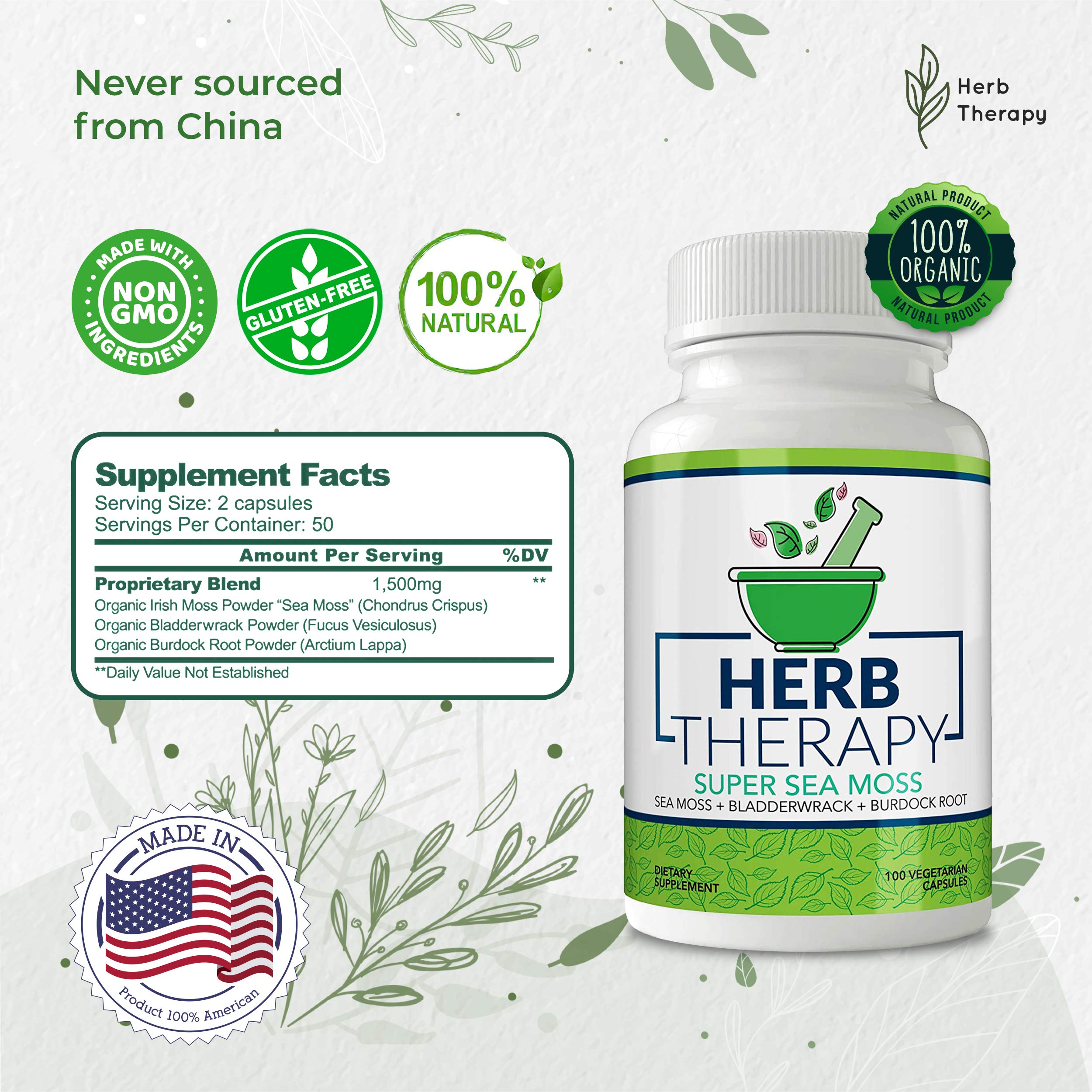 Herb Therapy Sea Moss Capsules 100 Pack - Irish Sea Moss with Bladderwrack Powder & Burdock Root Powder - Keto & Alkaline Diet Support - No Fillers Seamoss Raw Supplement