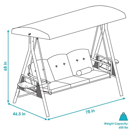 Sunnydaze 3-Person Steel Patio Swing Bench with Adjustable Tilt Canopy - Cushions and Pillow Included - Brown
