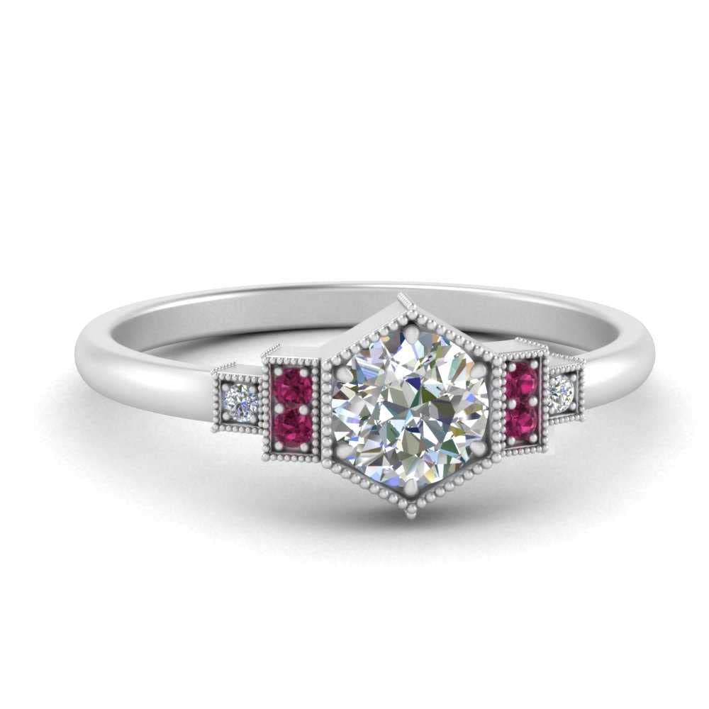 JewelryGift Vintage Hexagon Round Diamond Ring Sterling Silver Created Pink Sapphire Round Shape Pink Color Vintage Engagement Rings Pave Setting in Size 7 Casual Wear for Gift