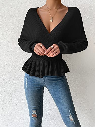 SweatyRocks Women's Deep V Neck Rib Knit Wrap Top Long Sleeve Ruffle Hem Peplum Sweater Black M