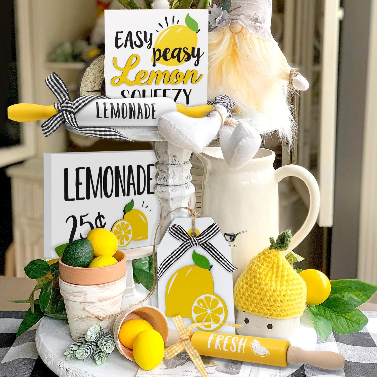 Lemon Mini Rolling Pins Wooden Tiered Tray Decorative Favors Rustic Farmhouse Yellow Fresh Lemonade Home Décor Gift Ideas Supplies Set of 2