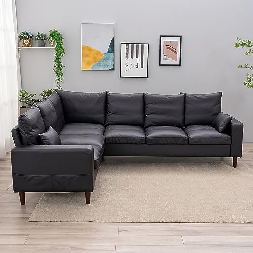 Panana6 Seater Convertible Sectional Sofa L-Shape Sofa Couch Linen Fabric Upholstered for Living Room, Apartment, Office (Black Leather Look Fabric, 6 Seater L Shape Corner Sofa)