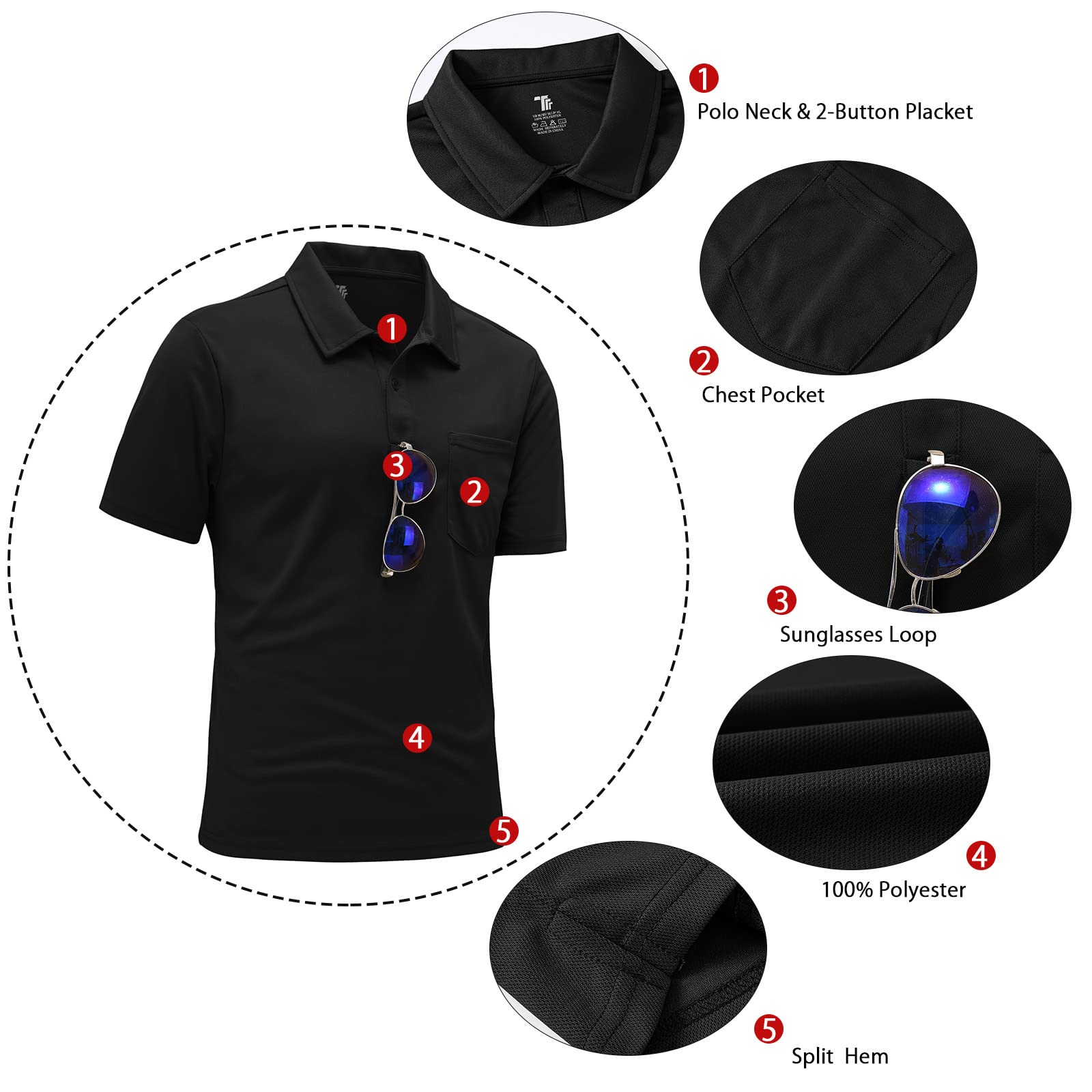 JHMORP Men's Golf Polo Shirts Collared Shirts Short Sleeve Quick Dry Outdoor Shirts with Pocket Black,L