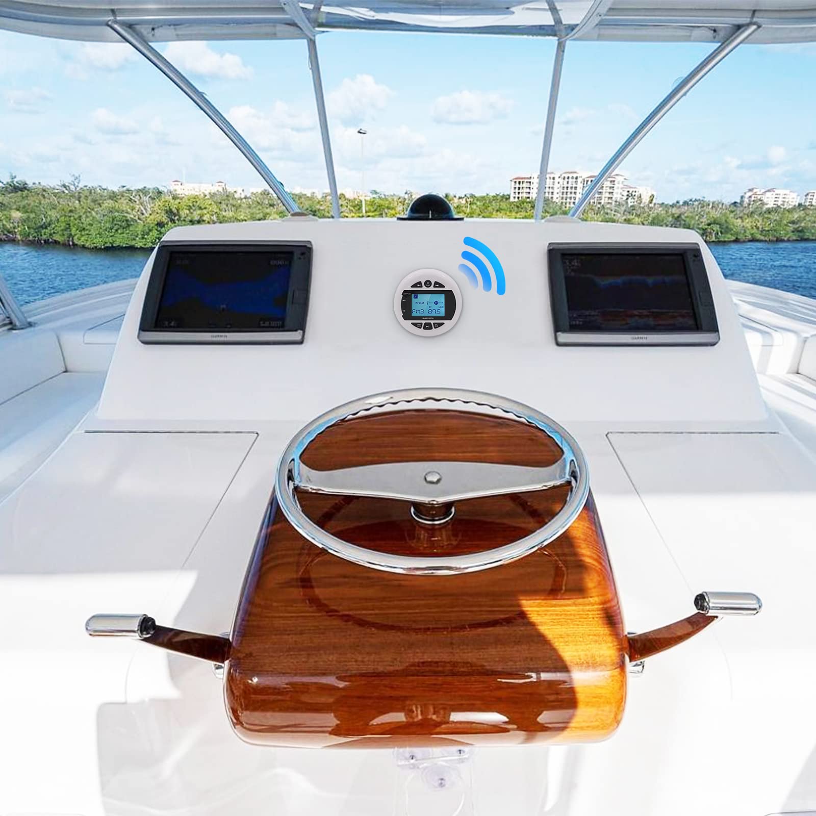 Herdio Round Waterproof Marine Radio - 4 x 40 W Boat in Dash Gauge Stereo Receiver Compatible with Bluetooth, AM FM, 2.75 Inches Digital LCD, USB, AUX, RCA (White)