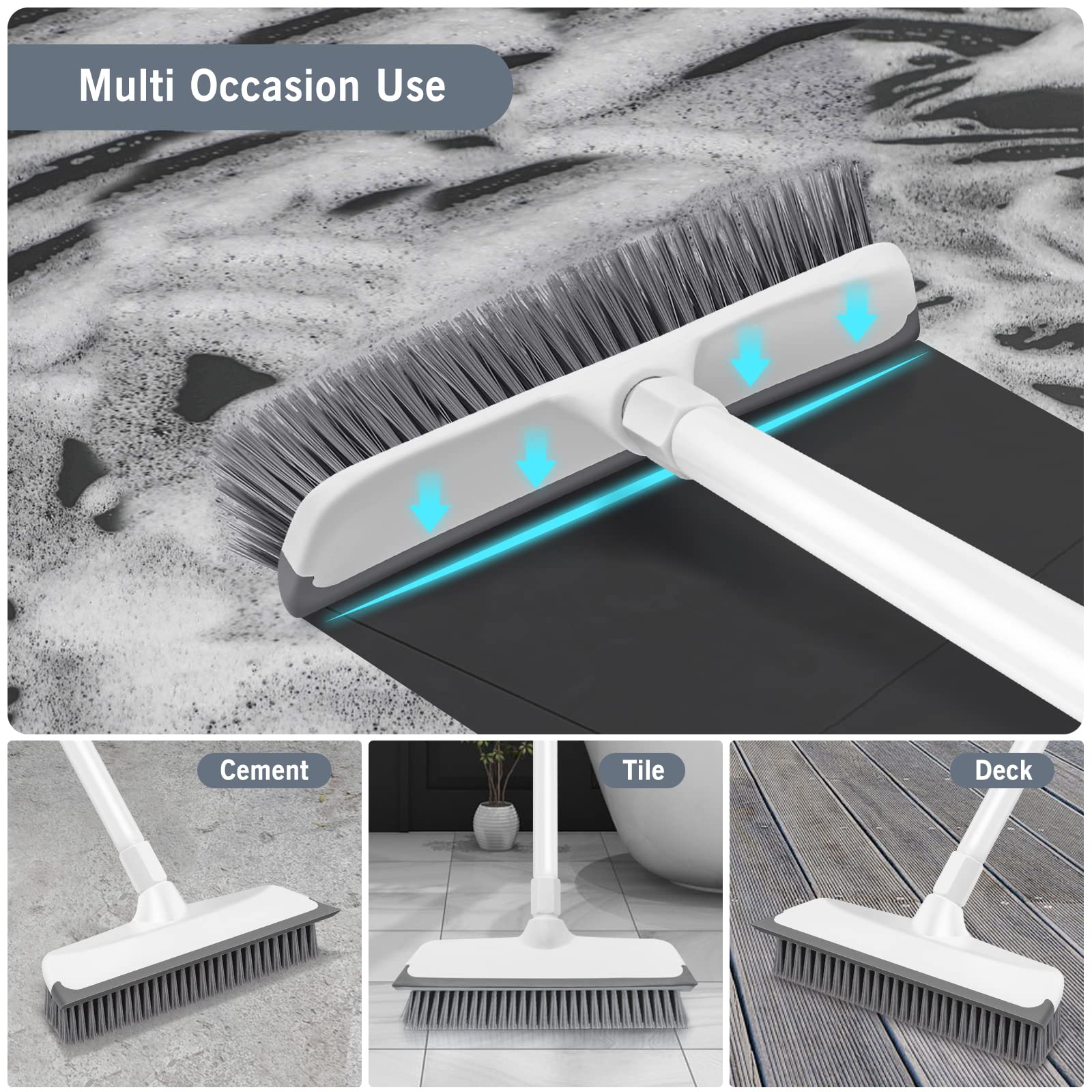 Floor Scrub Brush with Squeegee, Floor Brush Scrubber with 55'' Firm Long Handle, Shower Cleaning Brush for Bathroom, Patio, Kitchen, Wall and Deck